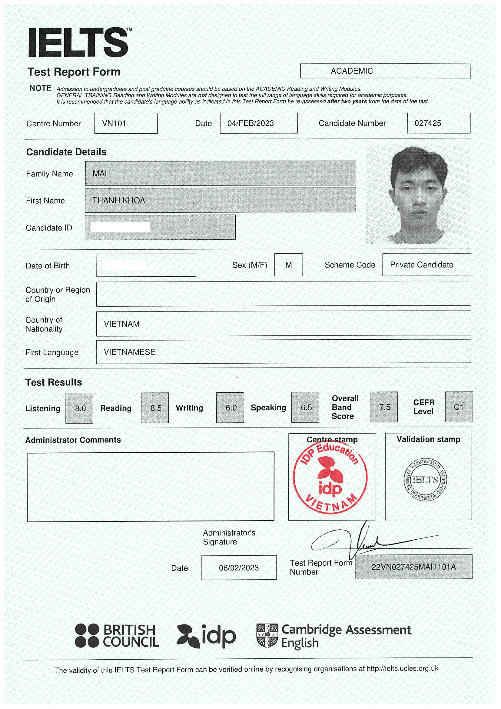 Mai Thành Khoa - 7.5 IELTS - Summit Education